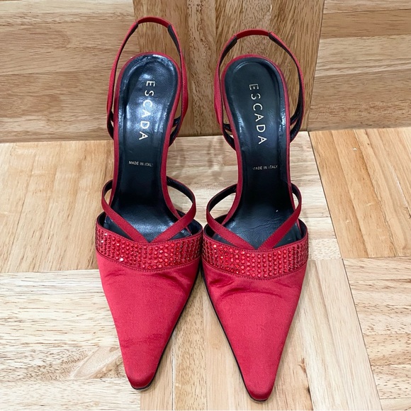 Escada | Shoes | Vintage Escada Red Satin Embellished Pointy Toe Sling ...